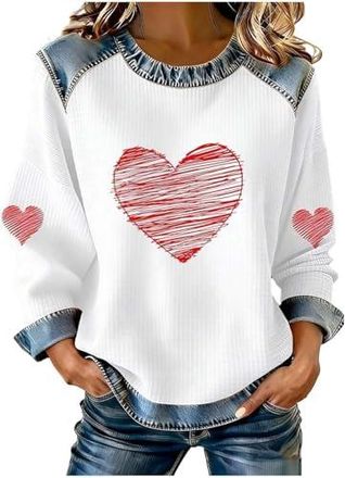 Generic Sweat-shirt &agrave; manches longues et col rond en denim pour femme - Patchwork - Motif coeur - D&eacute;contract&eacute; - Col rond, blanc, 3XL