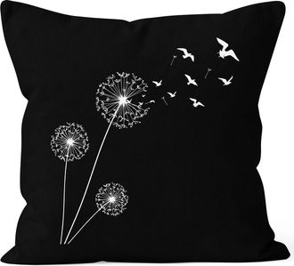 Autiga Kissenbezug Kissen-H&uuml;lle Pusteblume Birds Dandelion V&ouml;gel 40x40 Deko-Kissen Baumwolle schwarz 40cm x 40cm