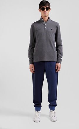 Eden Park Polo Manches Longues En Piqu&eacute; Coton Gris D&eacute;tails Tricolores Coupe Regular