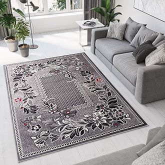Tapiso Dream Tapis de Salon Chambre Salle &agrave; Manger Adulte Bureau Design Moderne Gris Cr&egrave;me Rouge G&eacute;om&eacute;trique Motif Ornamental Floral Bordure Poil Court Fin D
