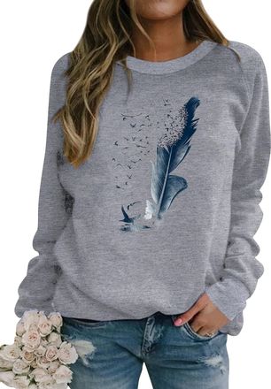Dresswel Pullover Damen Feder Drucken Sweatshirt Langarmshirt Rundhals Langarm Shirts Herbst Winter Pulli Tops Oberteile Bluse(Grau,2XL)