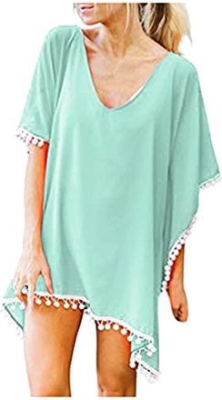 Generic Poncho de plage pour femme - Grandes tailles - Robe dété courte de plage - Mini tunique de plage sexy - Manches courtes - Caftan en coton - Chemisier 