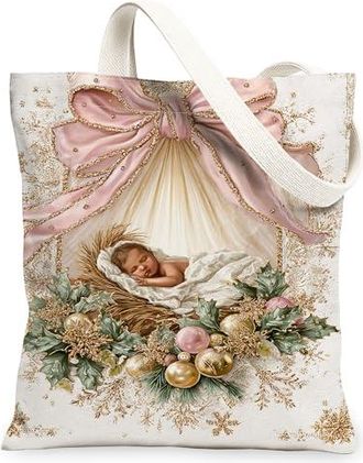 Generic Sacs fourre-tout en toile vintage de No&euml;l, noeud d&eacute;coratif et motif floral, sacs d&eacute;picerie r&eacute;utilisables, l&eacute;gers et lavables, blanc, 13x15 Inch