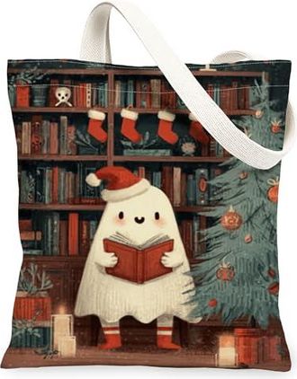 Generic Sacs fourre-tout en toile motif fant&ocirc;me de No&euml;l, sacs r&eacute;utilisables pour lhiver, fantaisie, l&eacute;ger et lavable en toile pour les voyages, blanc, 13x15 I