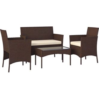 OUTSUNNY Salon de jardin ext&eacute;rieur - Outsunny - 4 personnes - en r&eacute;sine tress&eacute;e - table basse en verre tremp&eacute; - coussins d&eacute;houssables - beige