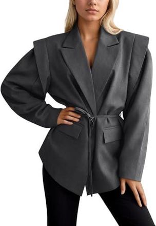 Generico Blazer à manches longues avec ceinture et ceinture légère pour femme, gris, 3XL