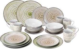 Van Well Riva 24-tlg. Kombi-Service für 6 Personen I robustes Porzellan-Geschirr mit Muster - moderner Landhaus-Stil I geeignet für Mikrowelle & Spülmaschine I