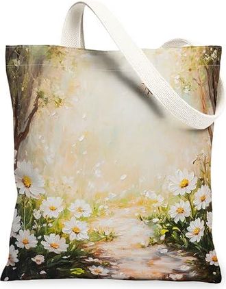 Generic Sac fourre-tout en toile avec marguerites printani&egrave;res pour le shopping, 33 x 38 cm, motif for&ecirc;t, fleurs, abeilles, sac d&eacute;picerie r&eacute;utilisable pour fe