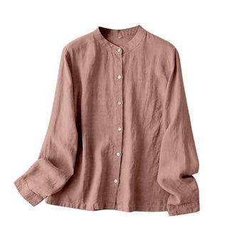Generic Chemisier pour Femmes Coton Lin Grande Taille D&eacute;contract&eacute;es Chemises Et&eacute; Manches Longues Col V Loose Hauts L&eacute;g&egrave;re Comfy Tuniques Mode Coton Et Lin Chi