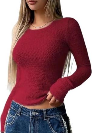 Minetom Pull Femme Hiver Chaud Col Rond Pullover Manches Longues Moulante Hauts en Tricot Slim Fit Tops A Rouge M