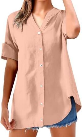 Generic Chemisier en lin avec ceinture et col en V pour femme, chemises d&eacute;contract&eacute;es &agrave; manches courtes en coton, chemises d&eacute;contract&eacute;es &agrave; col en V, chemises 