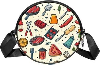 Generic Circle Sac &agrave; bandouli&egrave;re pour femme, imprim&eacute; barbecue, petit sac &agrave; dos &agrave; bandouli&egrave;re avec fermeture &eacute;clair, bretelles r&eacute;glables, sac &agrave; main rond d&eacute;con