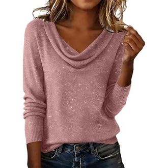 Generic Pull scintillant pour femme &agrave; manches longues et col b&eacute;nitier en tricot scintillant, rose, XL