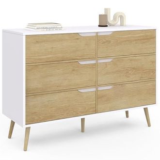 IDMarket Commode 6 tiroirs Helsinki 115 cm scandinave Blanc et Effet h&ecirc;tre
