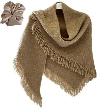 Generic Womens Knit Shawl Wrap Triangle Scarf with Fringe Elegant Pashmina 2-in-1 Winter Warm Scarf Outerwear Accessory Soft (Khaki)
