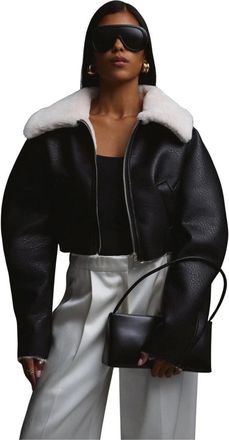 Estro & Luminara Femme, Vestes, Noir, Taille: 42 FR Veste Courte avec Col en Fausse Fourrure