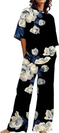 Generic Pyjama Femme Sexy Chic Tenues dété pour femmes, ensemble 2 coton et lin, t-shirt surdimensionné, pantalon à jambe droite, survêtement grande taille Nu