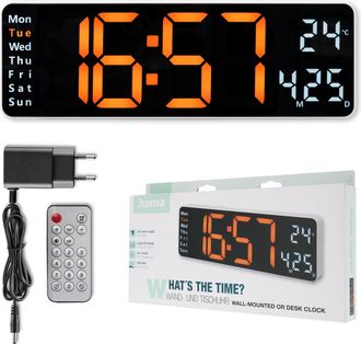 Hama Digitale Wanduhr gro&szlig; (LED modern, Wanduhr Thermometer, Digital Uhr Wecker, Tisch K&uuml;che, Digitale Stoppuhr gro&szlig;, Wand Fernbedienung, Wohnzimmer dimmba