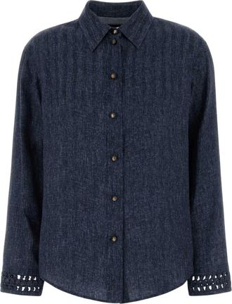 Giorgio Armani Femme, Blouses et Chemises, Bleu, Taille: 40 FR Chemise en soie &agrave; imprim&eacute; denim