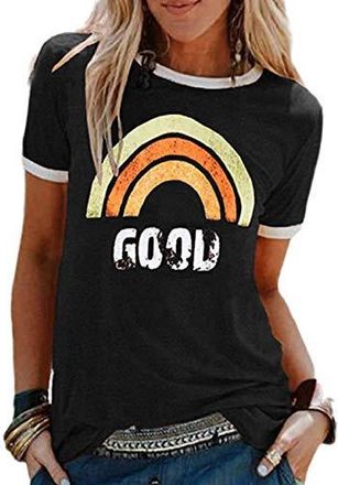 Heekpek Heekpek T-Shirt Femme &Eacute;t&eacute; Chemisier Chic Blouse Col Rond Tops Manches Courtes Grande Taille Coton Imprim&eacute;, Noir, XL