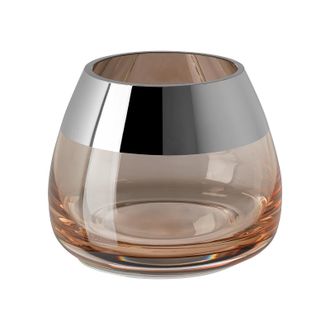 Fink Teelichthalter Ø 11 cm Sandfarben Kleiner gläserner Kerzenhalter mit Silberrand