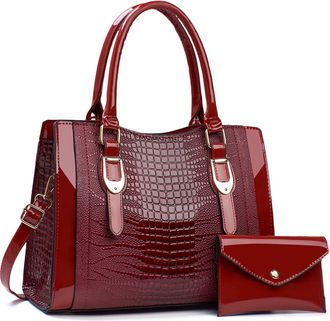 Nicole & Doris Elegante Handtasche Damen Schöne Tasche mit Geldbörse Umhängetasche Lackleder Schultertasche Tote Bag für Büro Reise Einkauf Rot