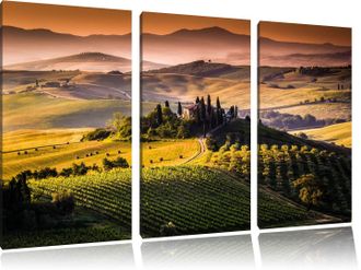 Pixxprint Wunderschöne Toskana Landschaft, Leinwandbild 3 Teilig, Gesamtmaß: 120x80cm, Wandbild, Dekoration, fertig gespannt, Kein Poster