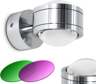 HOFSTEIN LED Wandlampe Indore, runde Wandleuchte aus Metall u. Glas in Aluminium, Wandspot 2-flammig mit Farbfliter in Magenta und Gr&uuml;n, 2 x 3 Watt, je 300 Lum