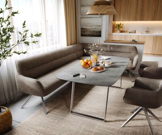 DELIFE Esszimmerbank Taya-Flex 285x190 cm Mikrofaser Taupe Vintage Kreuzgestell kantig Edelstahl Taschenfederkern Links, Eckb&auml;nke