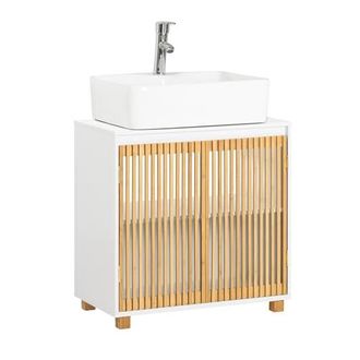 SoBuy Meuble sous Lavabo de Salle de Bain, Meuble sous Vasque à 2 Portes en Bambou, Placard Armoire de Rangement Meuble évier de Cuisine, L60 x P30 x H61 cm