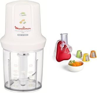 Moulinex DJ300110 Mini Hachoir Electrique Moulinette Compact avec Couvercle Saupoudreur Blanc 270 W & Découpe-légumes électrique, Râpe 3-en-1, Système de cônes