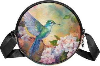 Generic Petit sac &agrave; bandouli&egrave;re circulaire pour femme, motif colibris et fleurs, sac &agrave; dos avec fermeture &eacute;clair, bretelles r&eacute;glables, sac &agrave; main rond d&eacute;contr