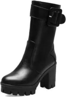 Generic Bottines Femme avec Bride Bout Rond Dessus en Cuir PU Durable Talons Moyens Épais Fermeture Éclair Latérale À Enfiler Chaussures Habillées Soirée,Noir