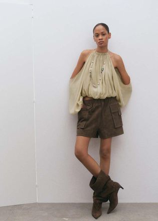 Mango Lyocell-Bluse mit freien Schultern gr&uuml;n - Damen - M - MANGO