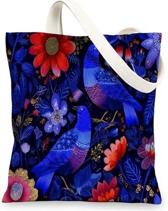 Generic Sacs fourre-tout en toile motif floral et oiseaux, sacs de courses réutilisables, légers et lavables, bleu, 13x15 Inch