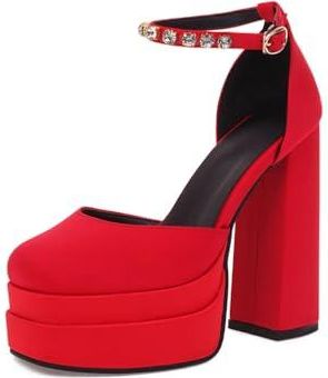 Generic Chaussures Femme Escarpins Plateforme Bride Strass Talons Carrés Bout Carré Boucle Réglable Confortables Durables Antidérapantes Élégantes Soirée Bal,