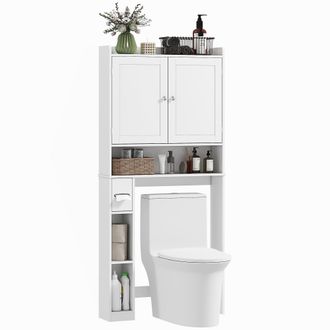 HOMCOM WC-M&ouml;bel Oberteil f&uuml;r Toilette oder Waschmaschine, Schrank &uuml;ber der Toilette mit 2 T&uuml;ren, 3 offene F&auml;cher, verstellbarer Regalboden, Toilettenpapierha