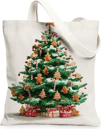 Generic Sacs fourre-tout en toile motif sapin de No&euml;l, sacs d&eacute;picerie r&eacute;utilisables, respectueux de lenvironnement, l&eacute;gers et lavables avec bandouli&egrave;re en toi