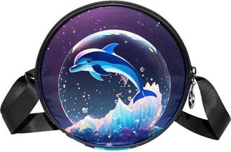 Generic Sac &agrave; bandouli&egrave;re rond pour femme, motif dauphin, boule de cristal, petit sac &agrave; bandouli&egrave;re avec fermeture &eacute;clair, bretelles r&eacute;glables, sac &agrave; main ron