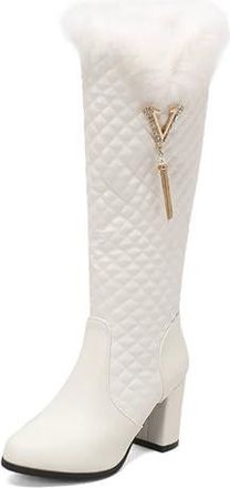 Generic Bottes de neige dhiver à talon bloc mi-haut pour femme - Bout rond - Confortables - Avec fermeture éclair latérale et décoration en métal, blanc, 39.5