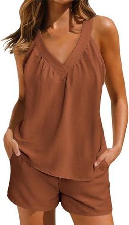 Generic Combinaison courte en lin pour femme - En coton - 2 pi&egrave;ces - &Eacute;t&eacute; - Sexy - Col en V - Haut &agrave; bretelles - Short - Combinaison de loisirs - D&eacute;contract&eacute; -