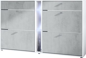 Vladon Schuhschrank Schuhkipper Today 155,5 x 95 x 28 cm, mit wei&szlig;er LED Beleuchtung, Made in Germany, Korpus in Wei&szlig; matt, Fronten in Beton Oxid Optik