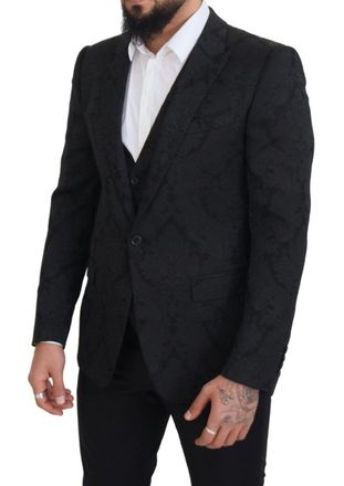 Dolce & Gabbana Mens Black Floral Brocade 2 Piece Martini Suit Polyester