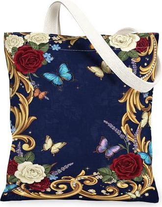 Generic Sacs fourre-tout vintage &eacute;l&eacute;gants en toile, motif papillon rose, sacs d&eacute;picerie r&eacute;utilisables, d&eacute;coratifs, l&eacute;gers et lavables, bleu marine, 13x15 Inch