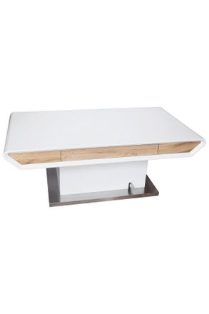 Livetastic Couchtisch, Wei&szlig;, Eiche, Metall, Holzwerkstoff, 2 Schubladen, rechteckig, Sockel, 70x49.5-77.5x130 cm, h&ouml;henverstellbar, einfacher Aufbau, Wohnzimmer,