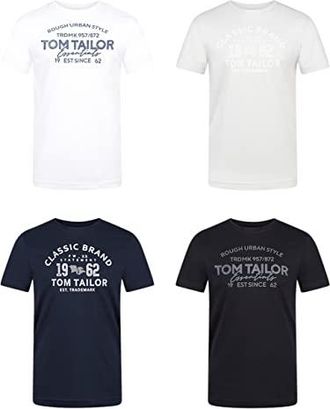 Tom Tailor Lot de 4 t-shirts dété en coton pour homme - Coupe droite - Col rond - Manches courtes - Logo imprimé - 100 % coton - Noir, blanc, vert, rouge, bleu, 