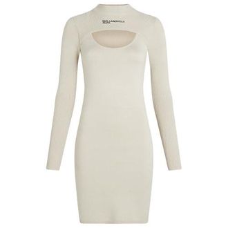 Karl Lagerfeld Karl Lagerfeld Jeans Femme Robe en Maille &Agrave; Manches Longues avec Logo Coupe R&eacute;guli&egrave;re, Beige, XL