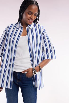 Eden Park Chemise &Agrave; Manches Courtes Ray&eacute;e En Coton Marine Et Blanche Coupe Oversized