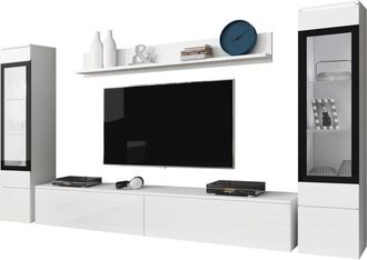 Mirjan24 Wohnwand Doppo II, Schrankwand, griffloses Öffnen, Anbauwand, Fernsehschrank, Mediawand, Wandregal, TV-Lowboard, 2X Hängevitrine (Weiß/Weiß Hochglanz,