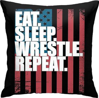 AOOEDM Kissenbezüge Wrestling American Flag Eat Sleep Wrestle Dekorativer quadratischer Kissenbezug Weicher Kissenbezug für Schlafzimmerstuhl Büro 18 x 18 Zo